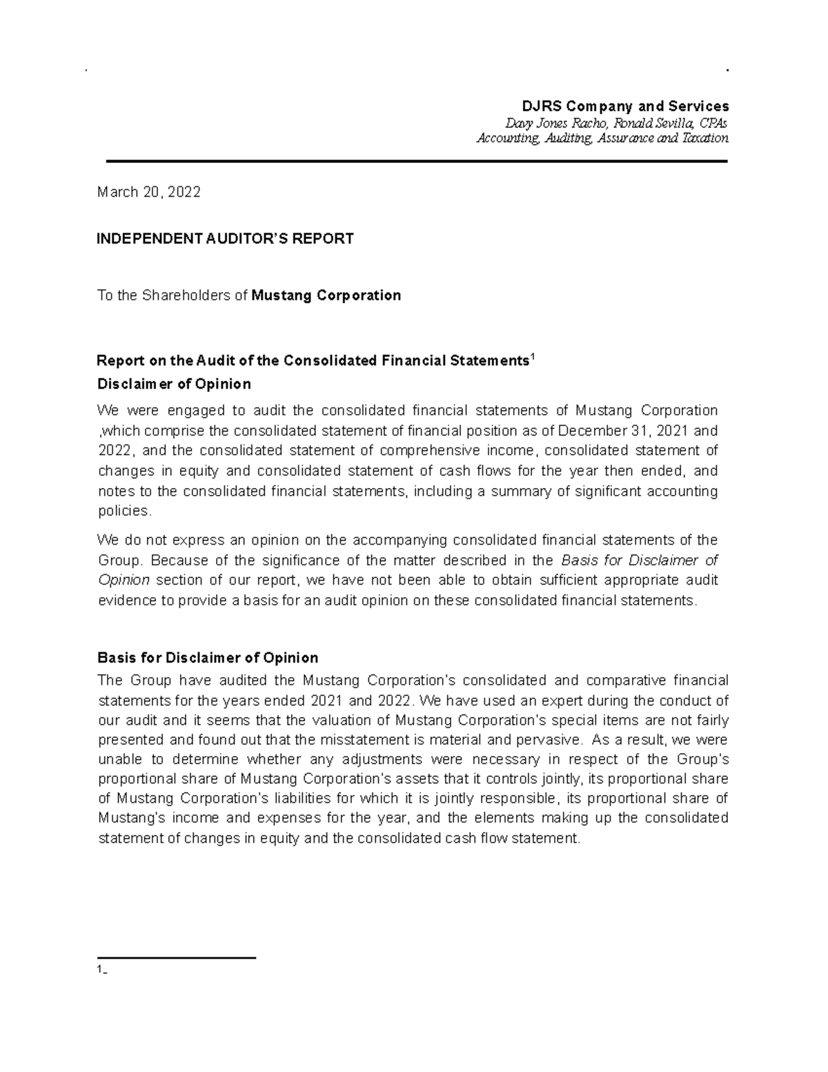 Independent Auditor’S Report - DJRS Company and Services Davy Jones ...