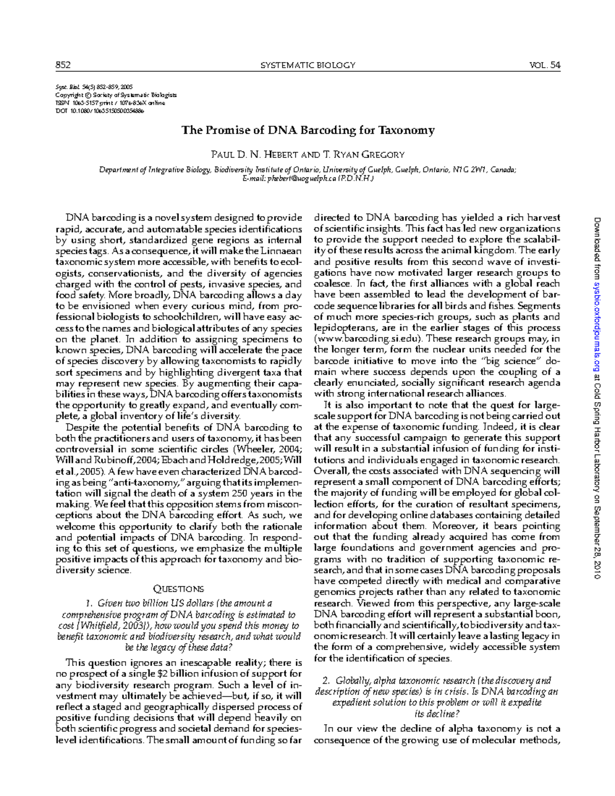 The Promise of DNA Barcoding for Taxonomy- Hebert - 852 SYSTEMATIC ...