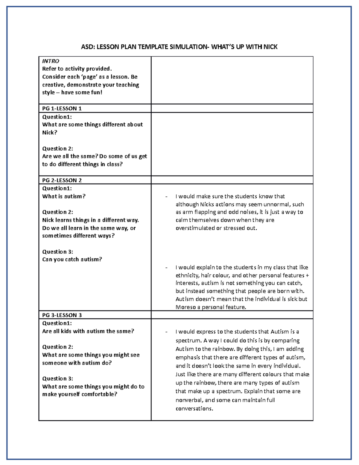 ASD Lesson PLAN Template - ASD: LESSON PLAN TEMPLATE SIMULATION- WHAT’S ...