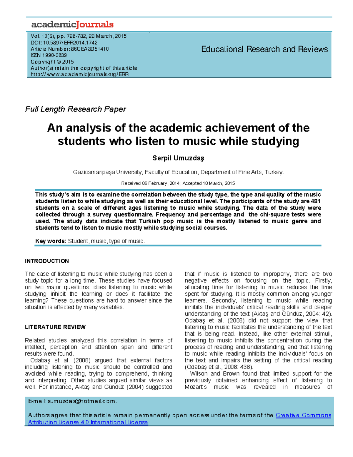 86CEA3D51410 - Research about music and academic performance - Vol. 10 ...