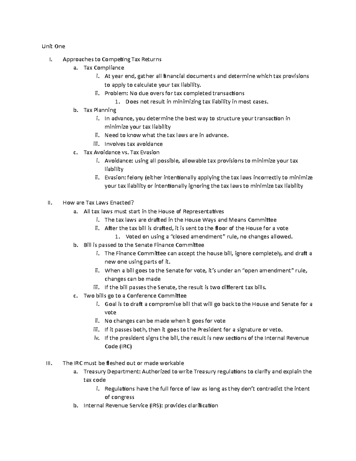 Intro To Tax Accounting Notes - Unit One I. Approaches to Competing Tax ...