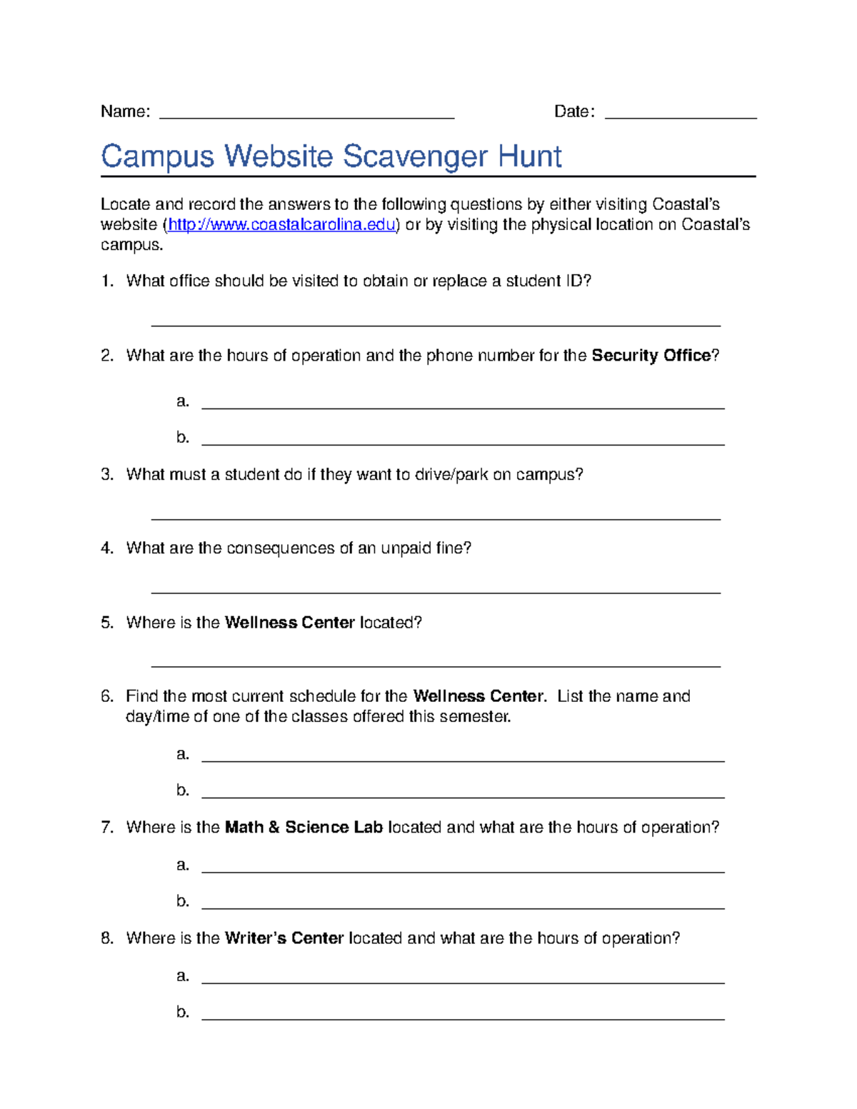 North Campus Website Scavenger Hunt - Name: Date: Campus Website ...