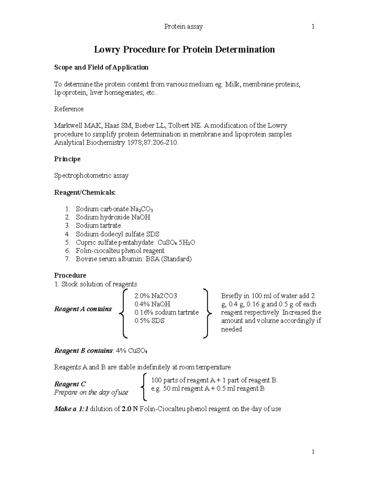 Lowry Protein Assay Procedures - Protein assay 1 Lowry Procedure for ...