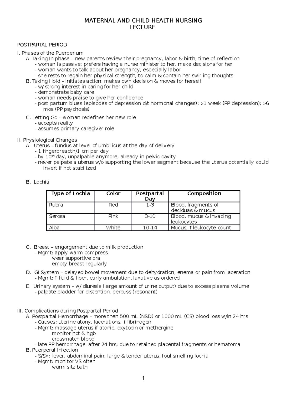 POST Partum Period - bs nursing - SWU - Studocu
