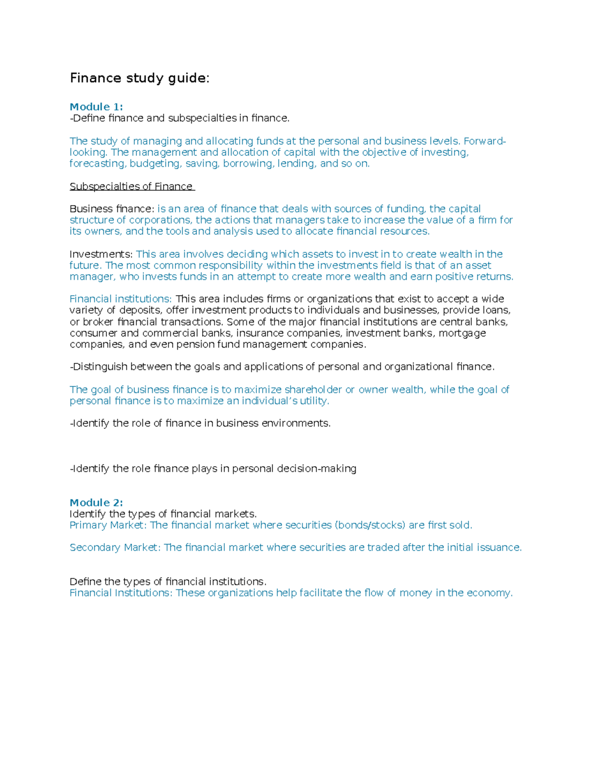 Finance study guide - Finance study guide: Module 1: -Define finance ...