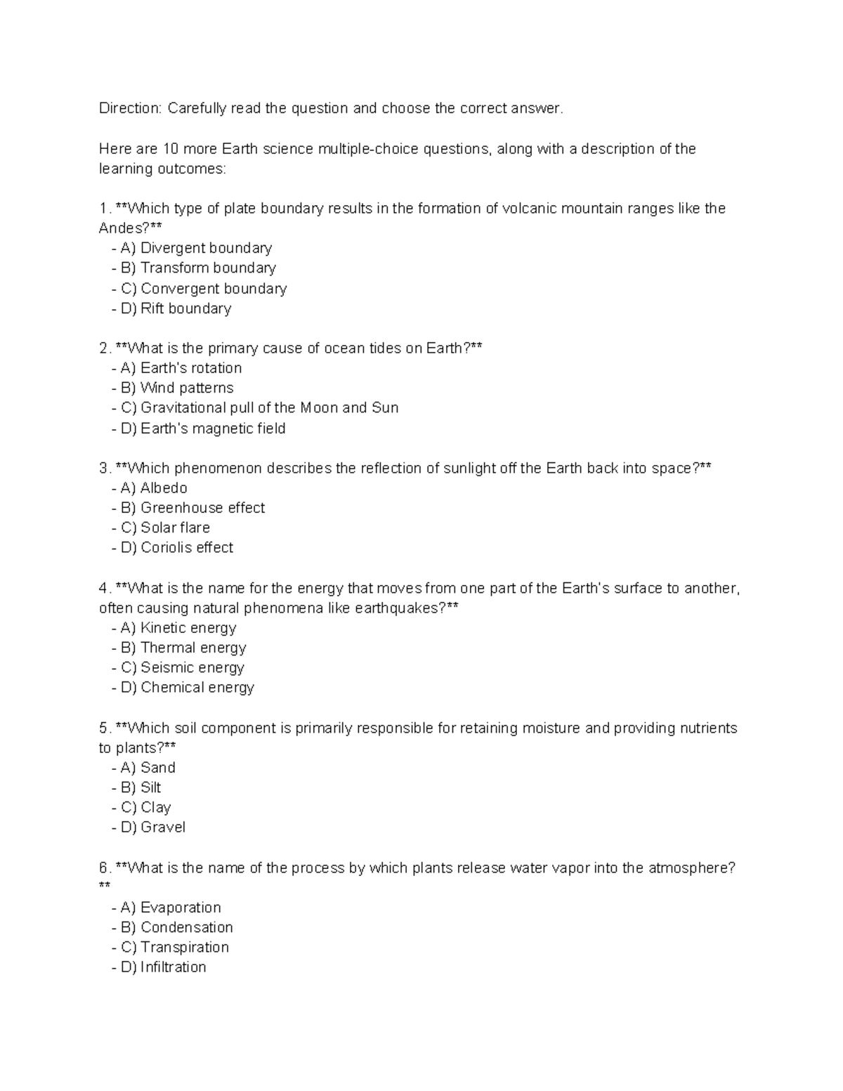 SE11 - These questions focus on key Earth science topics, including ...