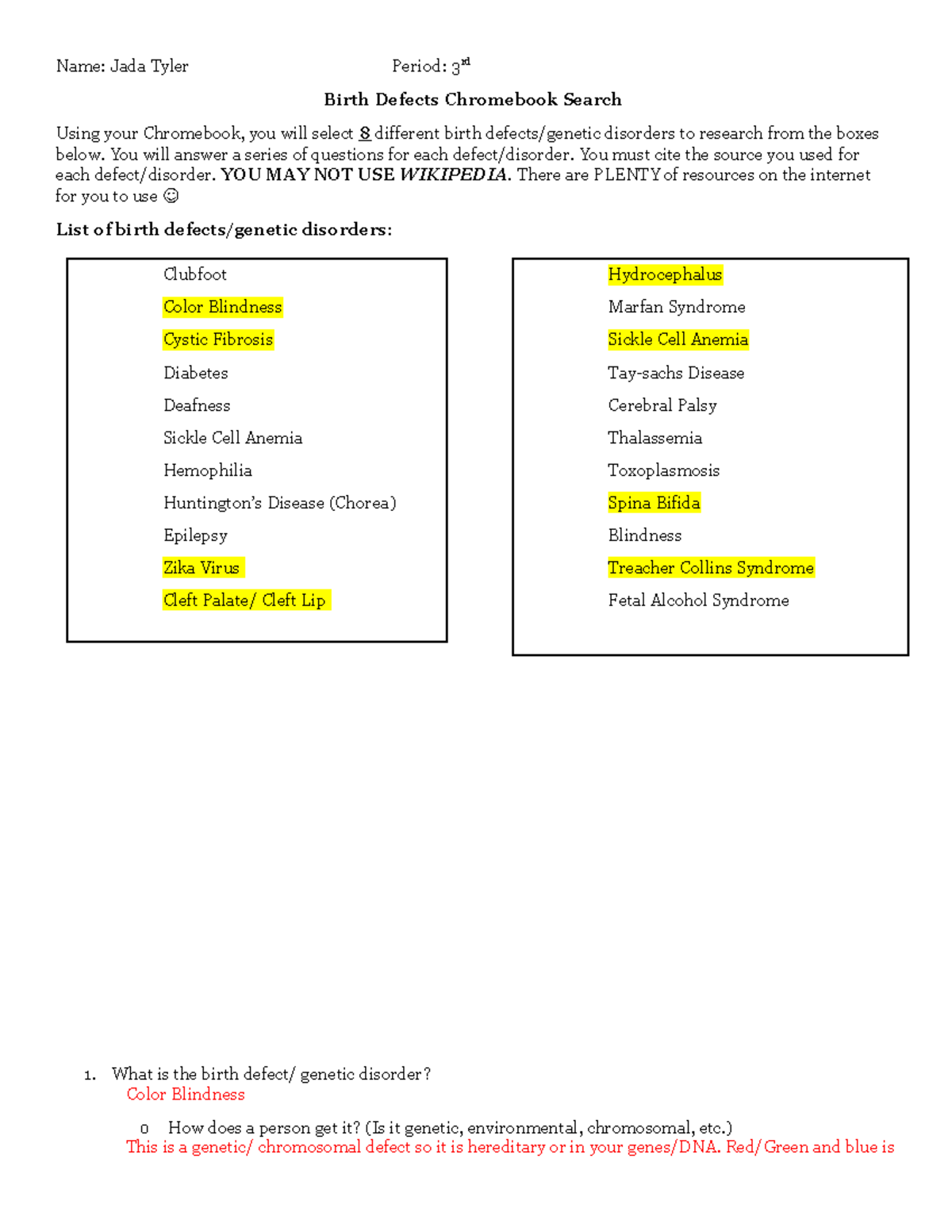 birth defect research packet - Name: Jada Tyler Period: 3rd Birth ...