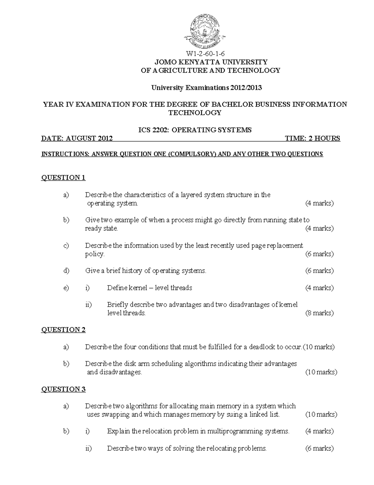 ICS 2202 Operating Systems-1 - W1-2-60-1- JOMO KENYATTA UNIVERSITY OF ...