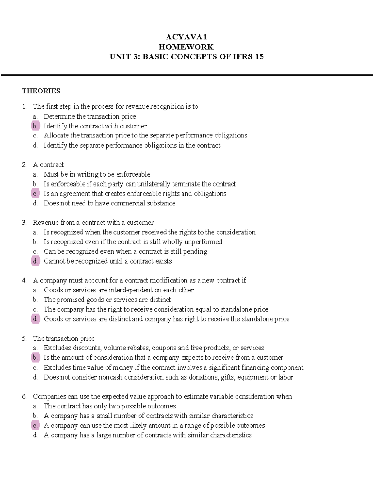 Unit 3 IFRS 15 HW Revenue Recognition ACYAVA HOMEWORK UNIT 3
