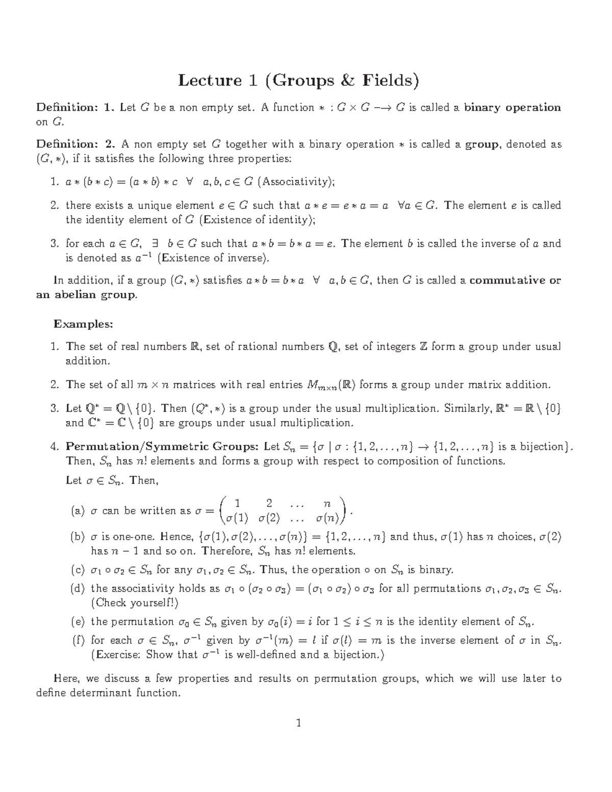 Lecture 1 - NOTES THAT COVER LINEAR ALGEBRA GROUPS AND FIELDS - Lecture ...