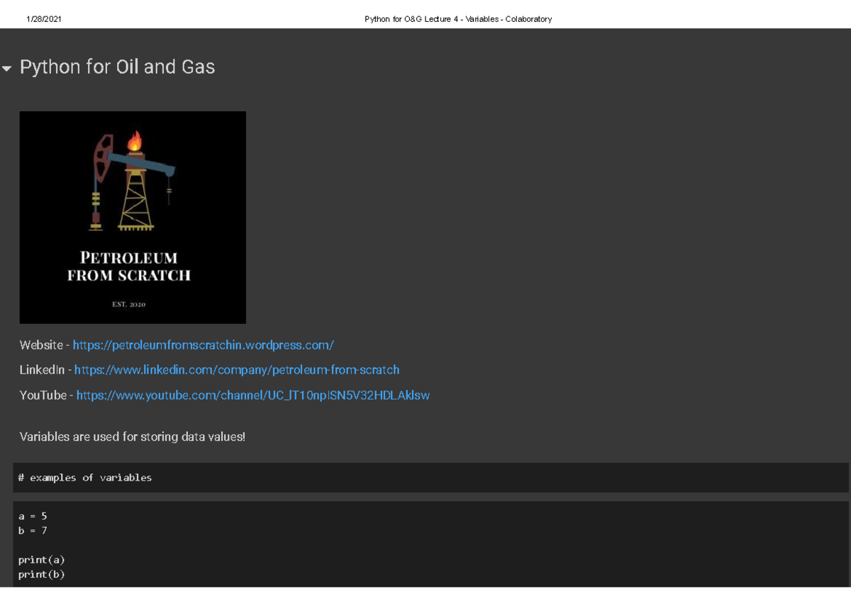 Python for og lecture 4 variables - Python for Oil and Gas Website ...