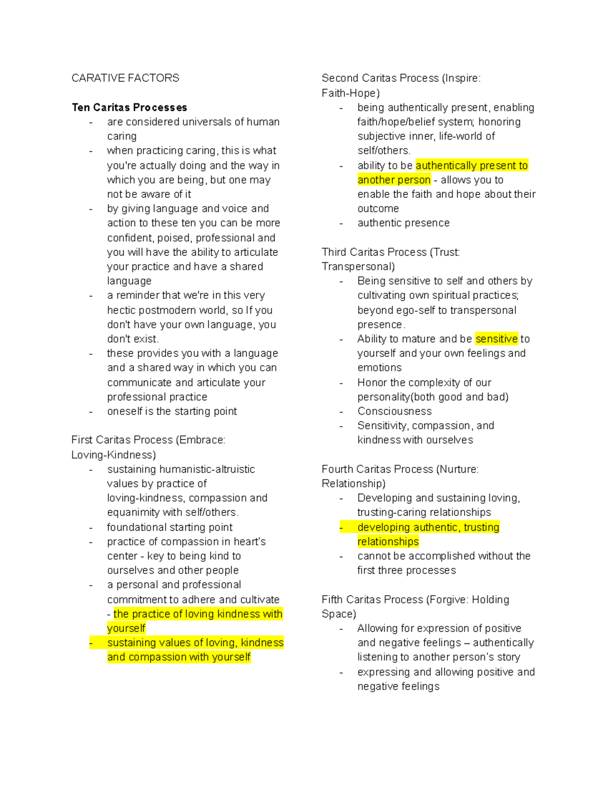 Jean Watson Mind Map - CARATIVE FACTORS Ten Caritas Processes - are ...