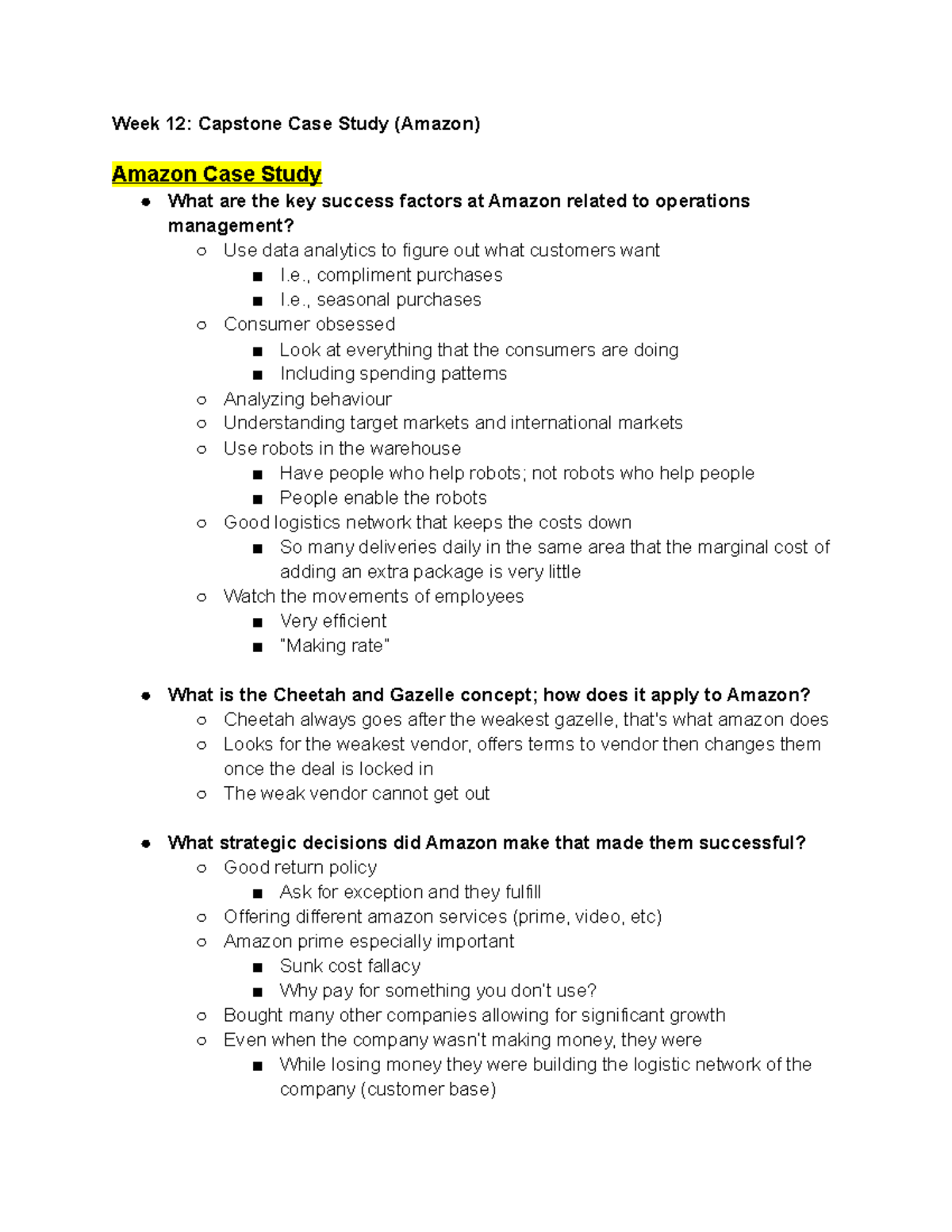 Management Class Notes - Week 12 - Week 12: Capstone Case Study (Amazon ...