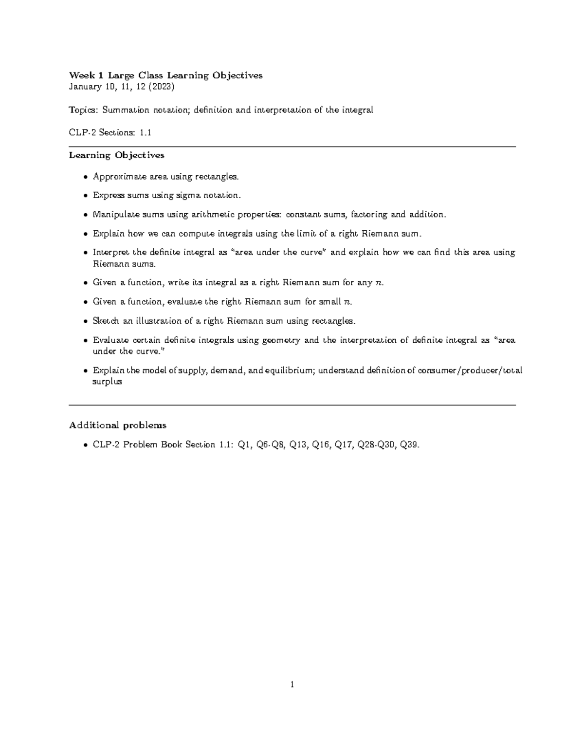 Week1 Large Class Learning Objectives C - Week 1 Large Class Learning ...