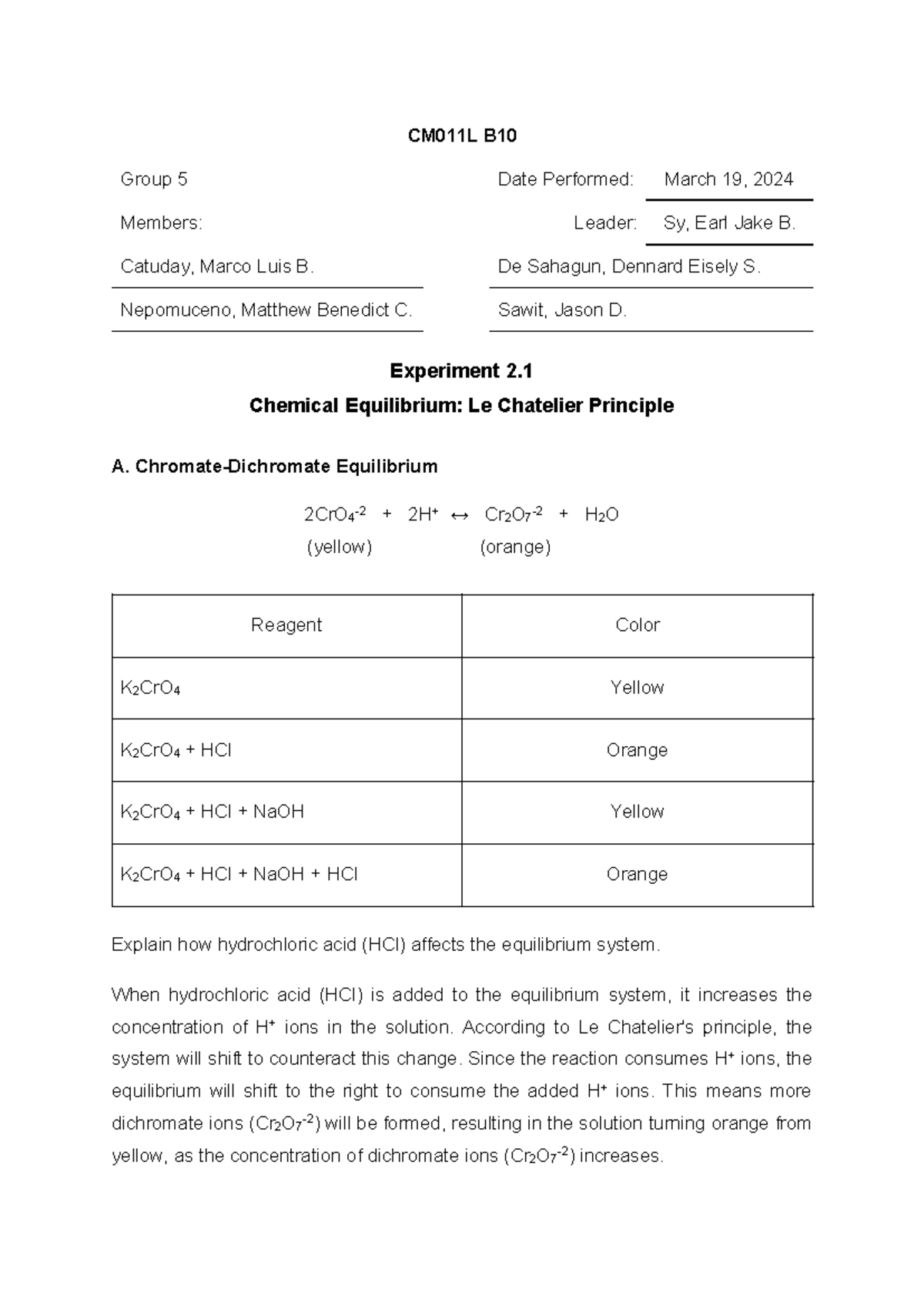 Experiment 2.1 - Chemical Equilibrium - Le Chatelier Principle - CM011L ...