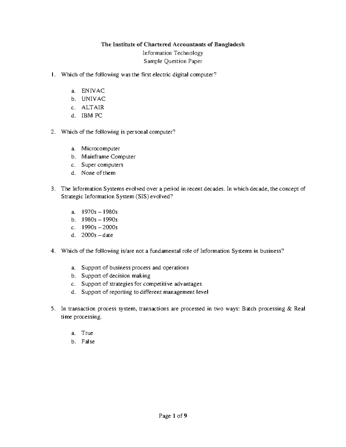 Information Technology (certificate level - Sample question) - The ...