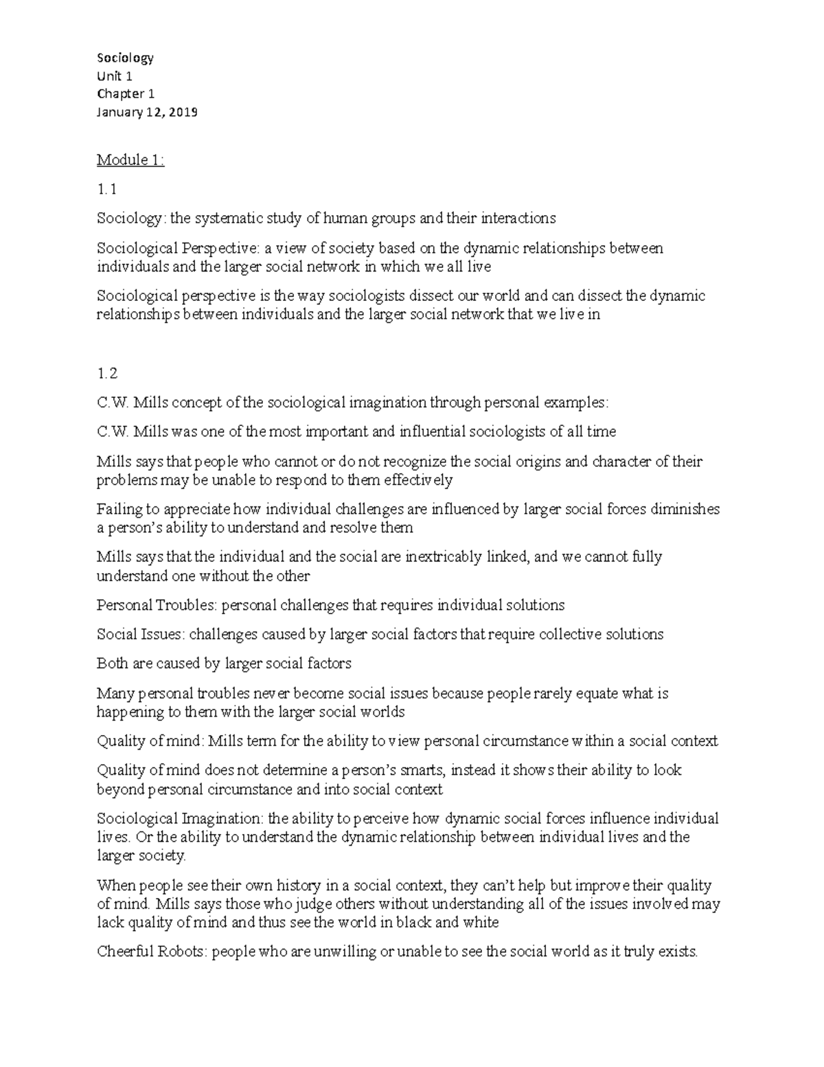 Sociology Class Notes - Not great or completed - Sociology Unit 1 ...