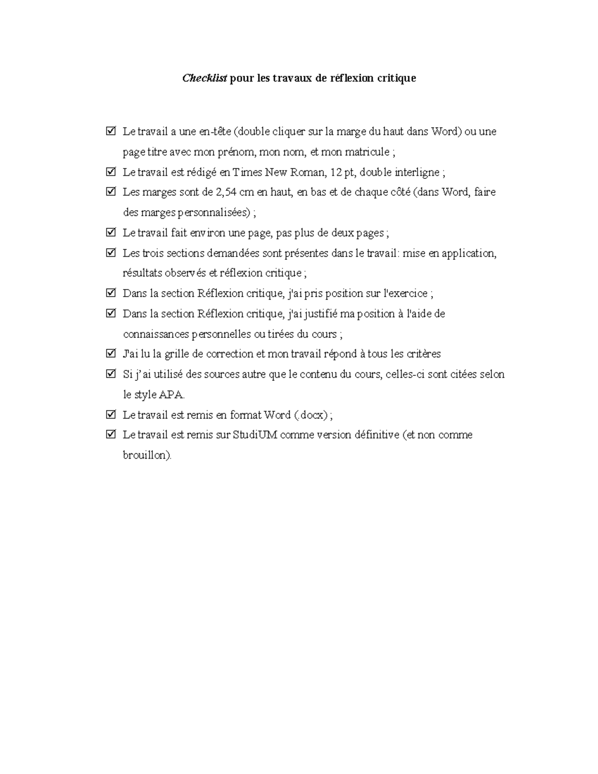 Checklist Reflexion critique - Checklist pour les travaux de réflexion ...