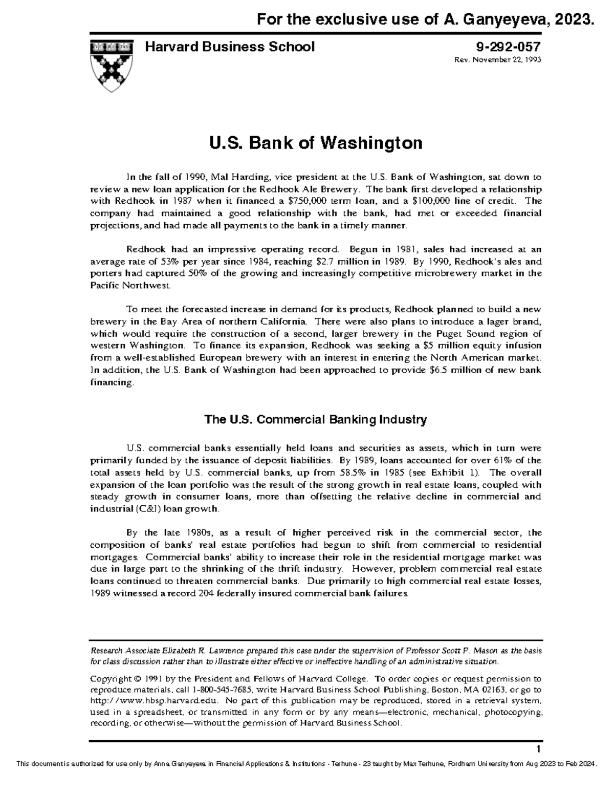 U.S. Bank of Washington - Harvard Business School 9-292- R e v. N o v e ...