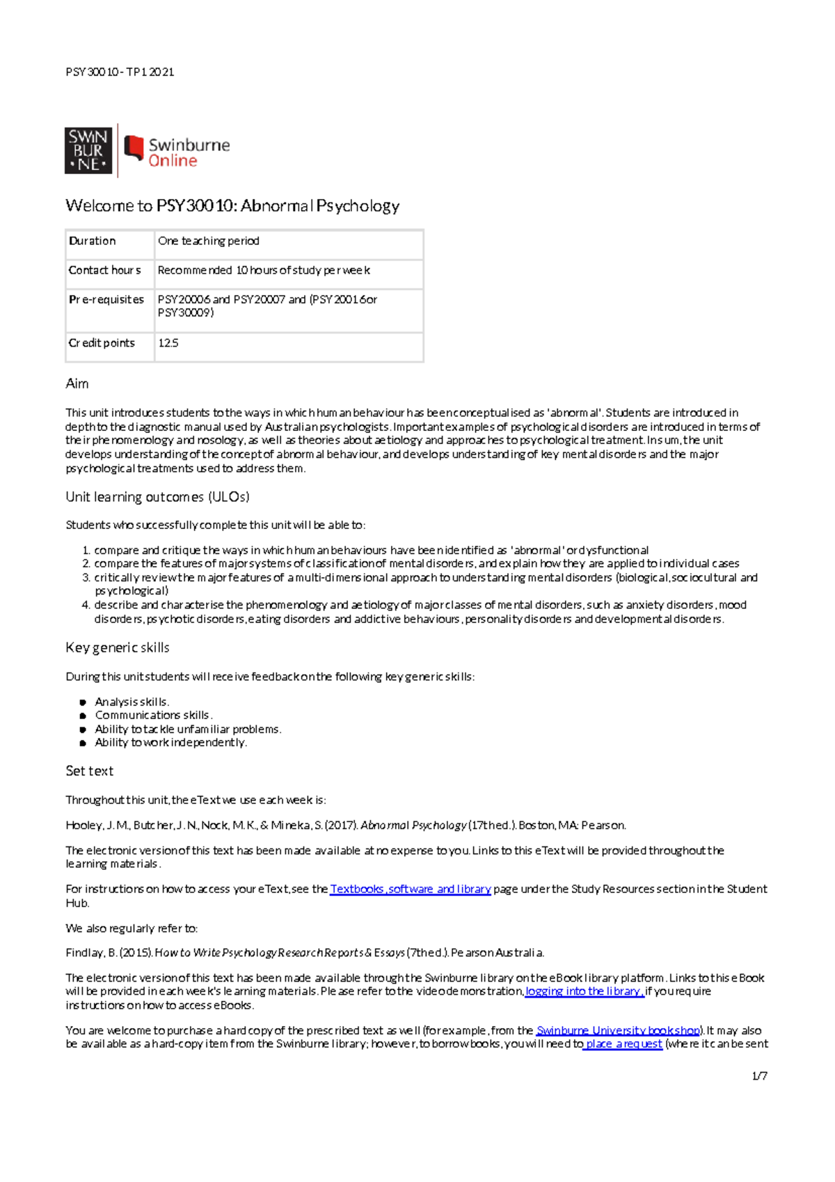 PSY30010 Abnormal Psychology Unit Preview TP1 2021 - Welcome to ...