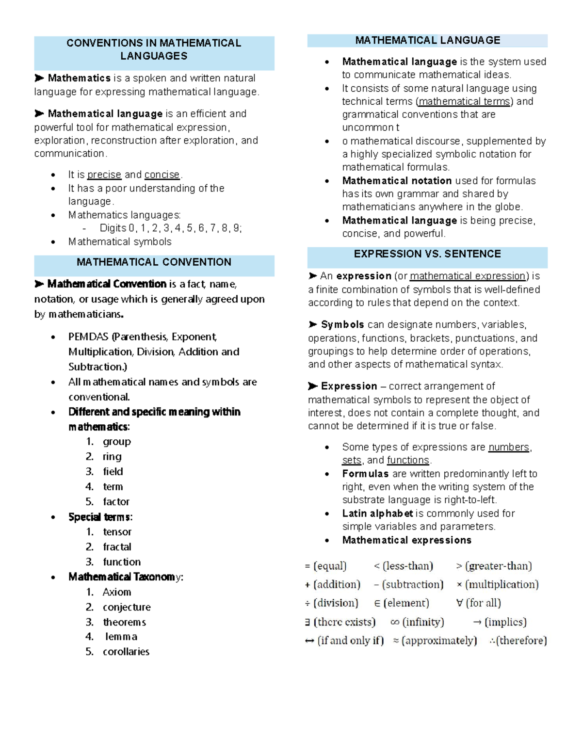 Mathematical Languages - CONVENTIONS IN MATHEMATICAL LANGUAGES Mathematics is a spoken and ...