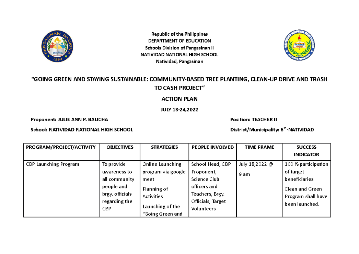 Action Plan- Going Green and Staying Sustainable - Republic of the ...