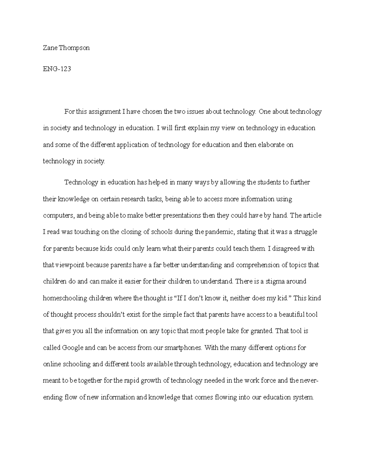 Zane Thompson Week 1 Assignment - Zane Thompson ENG- For this ...