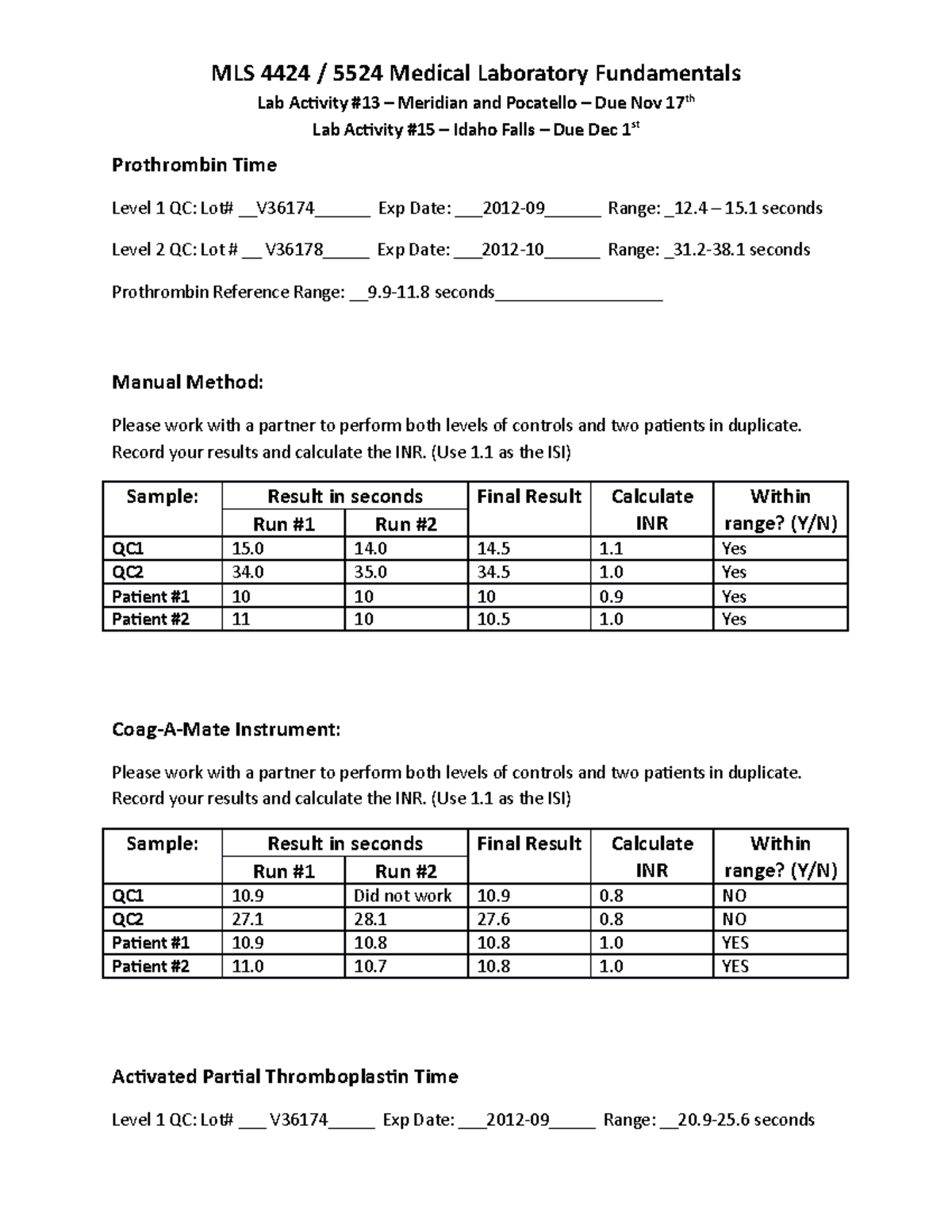 Lab13and15 - Coagulation lab activity - MLS 4424 / 5524 Medical ...