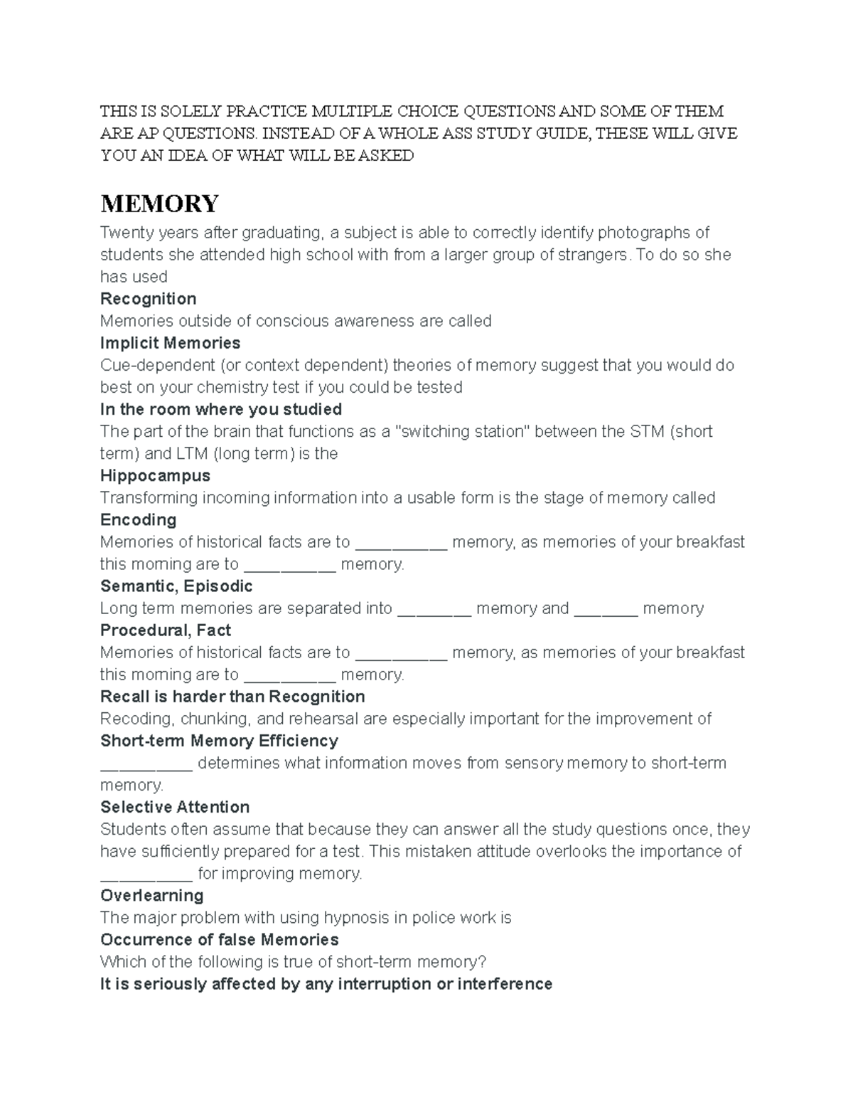 Memory Social Psych Learning Consciousness - THIS IS SOLELY PRACTICE ...