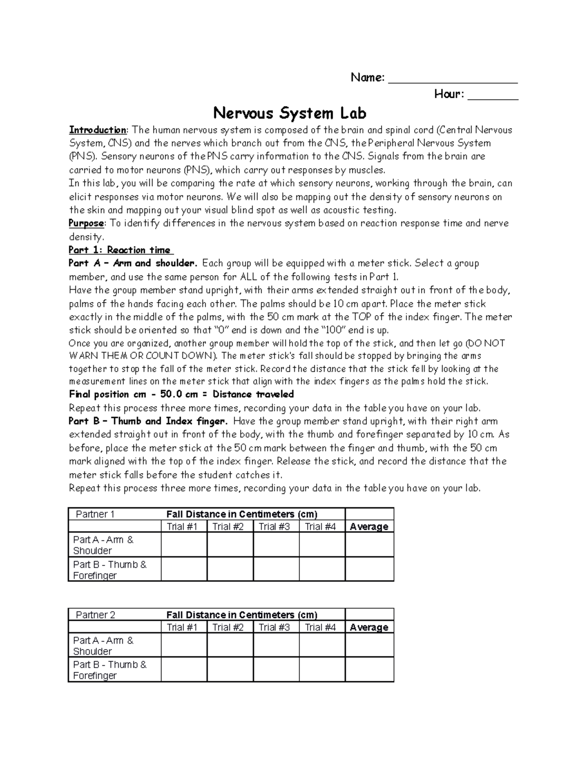 Nervoussystemlab - Mine - Name: __________________ Hour: _______ Nervous System Lab Introduction ...