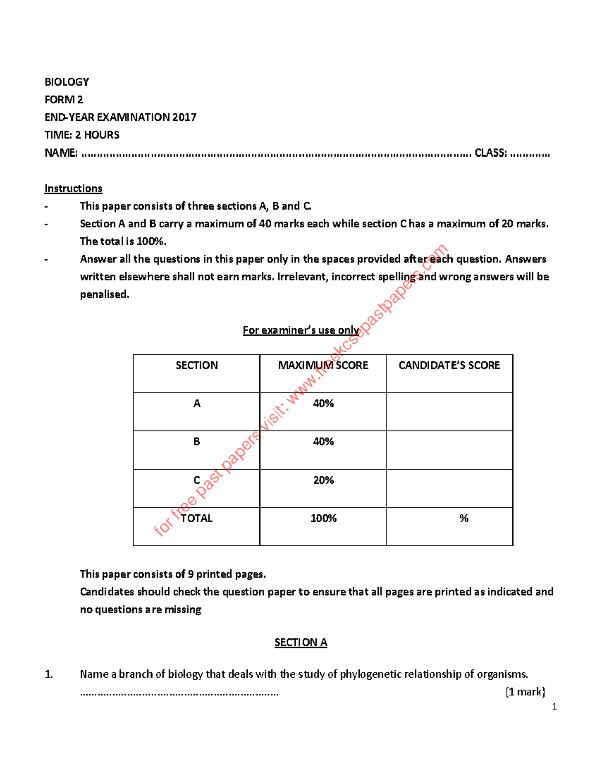 2017 Form 2 End Term 3 Biology Qs - BIOLOGY FORM 2 END-YEAR EXAMINATION ...