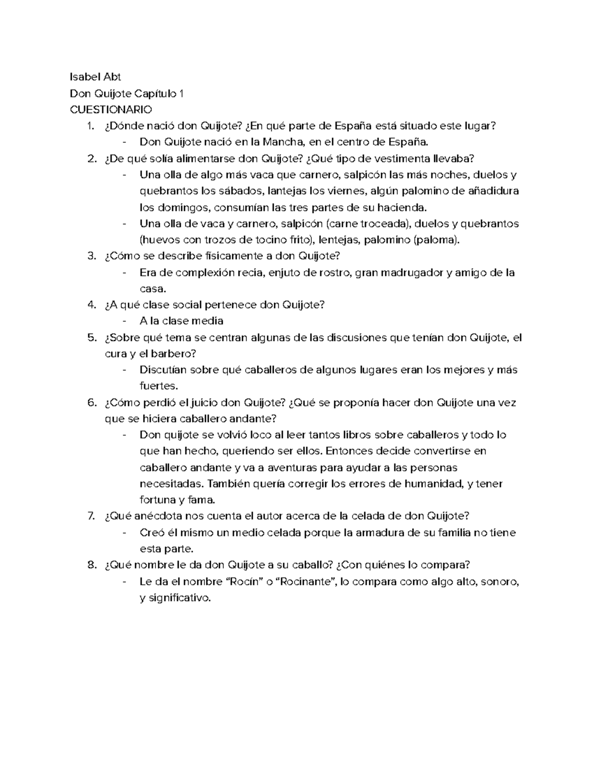 Don Quijote Capitulo 1 - Isabel Abt Don Quijote Capítulo 1 CUESTIONARIO ...