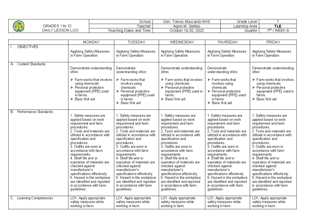 AGRI-WEEK-8 - DLL TLE - GRADES 1 to 12 DAILY LESSON LOG School Gen ...