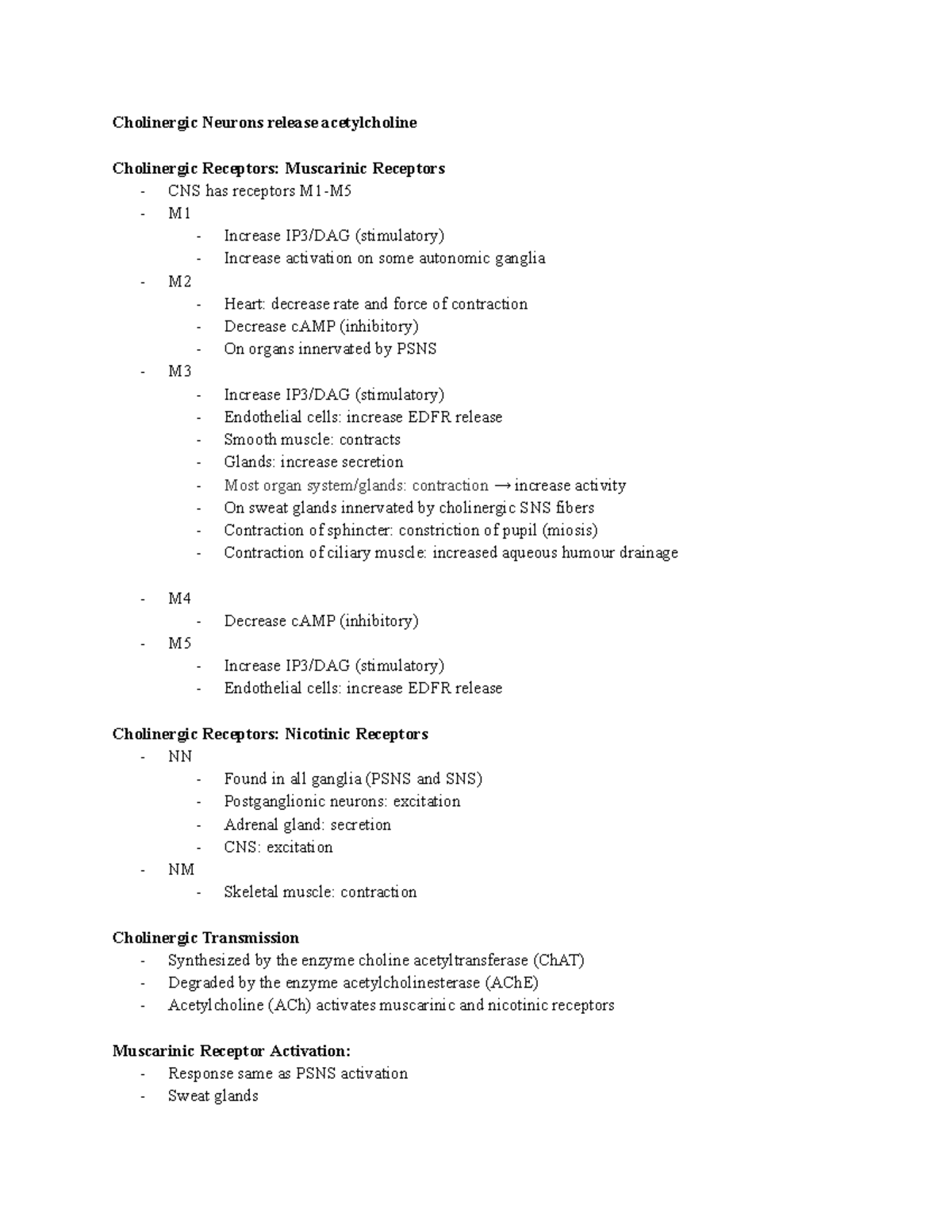 Autonomic Pharm Summary - Cholinergic Neurons release acetylcholine ...