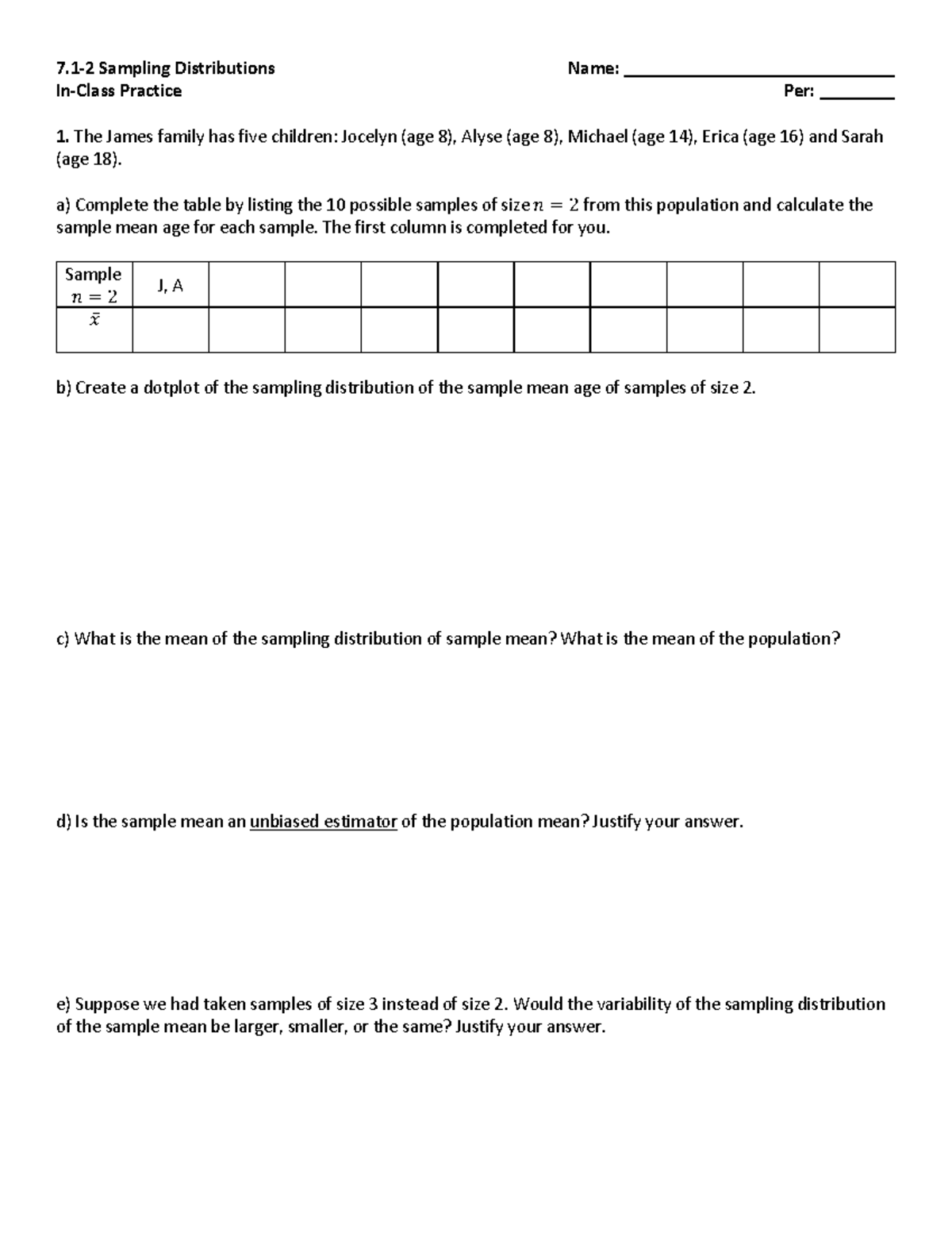 7.1-2 In-Class Practice - 7- 2 Sampling Distributions Name