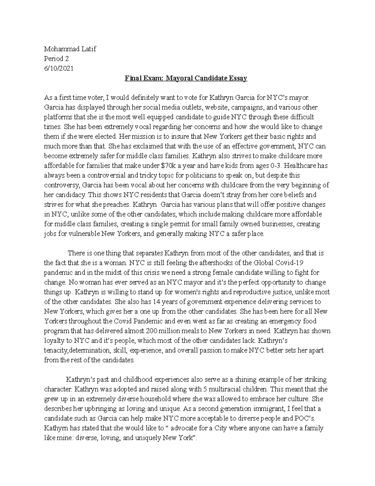 Final Exam Mayor Essay - Mohammad Latif Period 2 6/10/ Final Exam ...