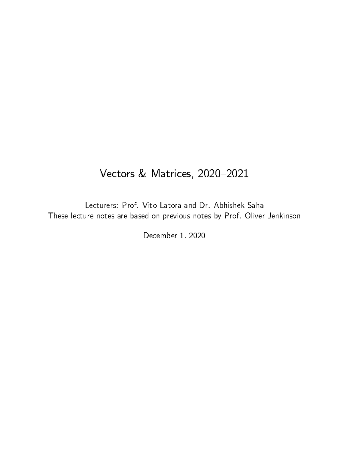 Vectors & Matrices Lecture Notes - Vectors & Matrices, 2020– Lecturers ...