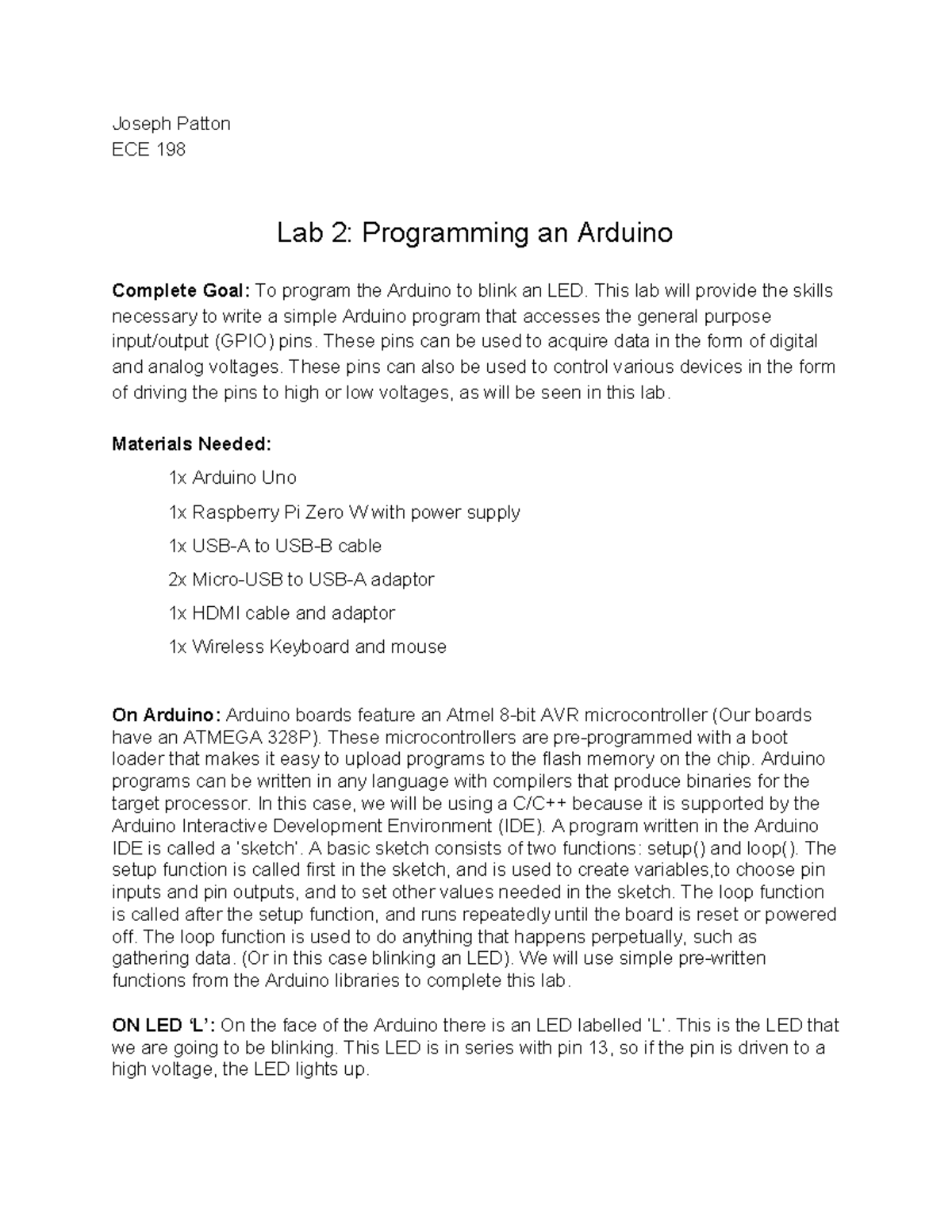 Lab 2 Programming An Arduino Joseph Patton Ece 198 Lab 2 Programming 1949