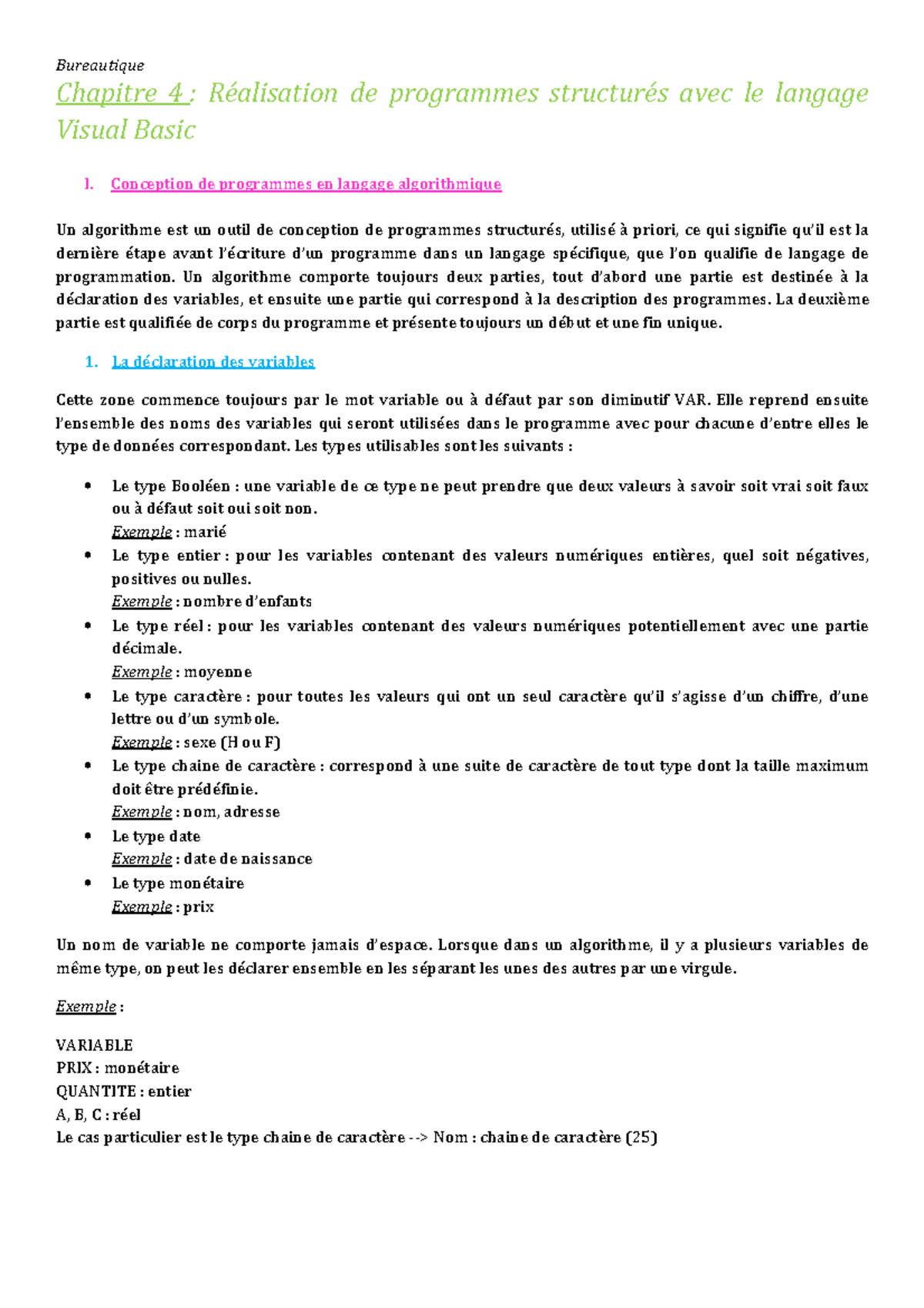 Chapitre-4-Bureautique - Bureautique Chapitre 4 : Réalisation de programmes structurés avec le ...