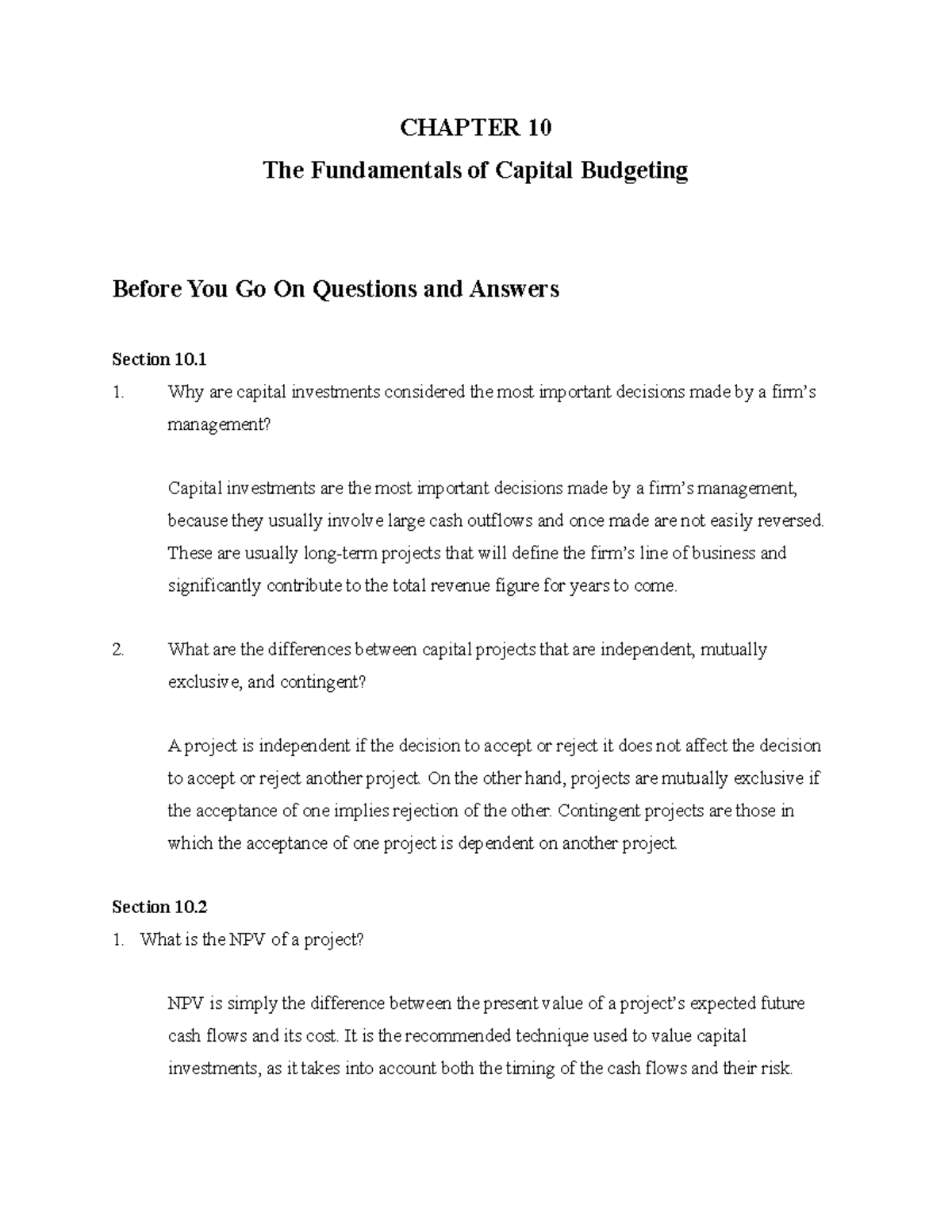 Ch10 - vvvvv - CHAPTER 10 The Fundamentals of Capital Budgeting Before You Go On Questions and ...