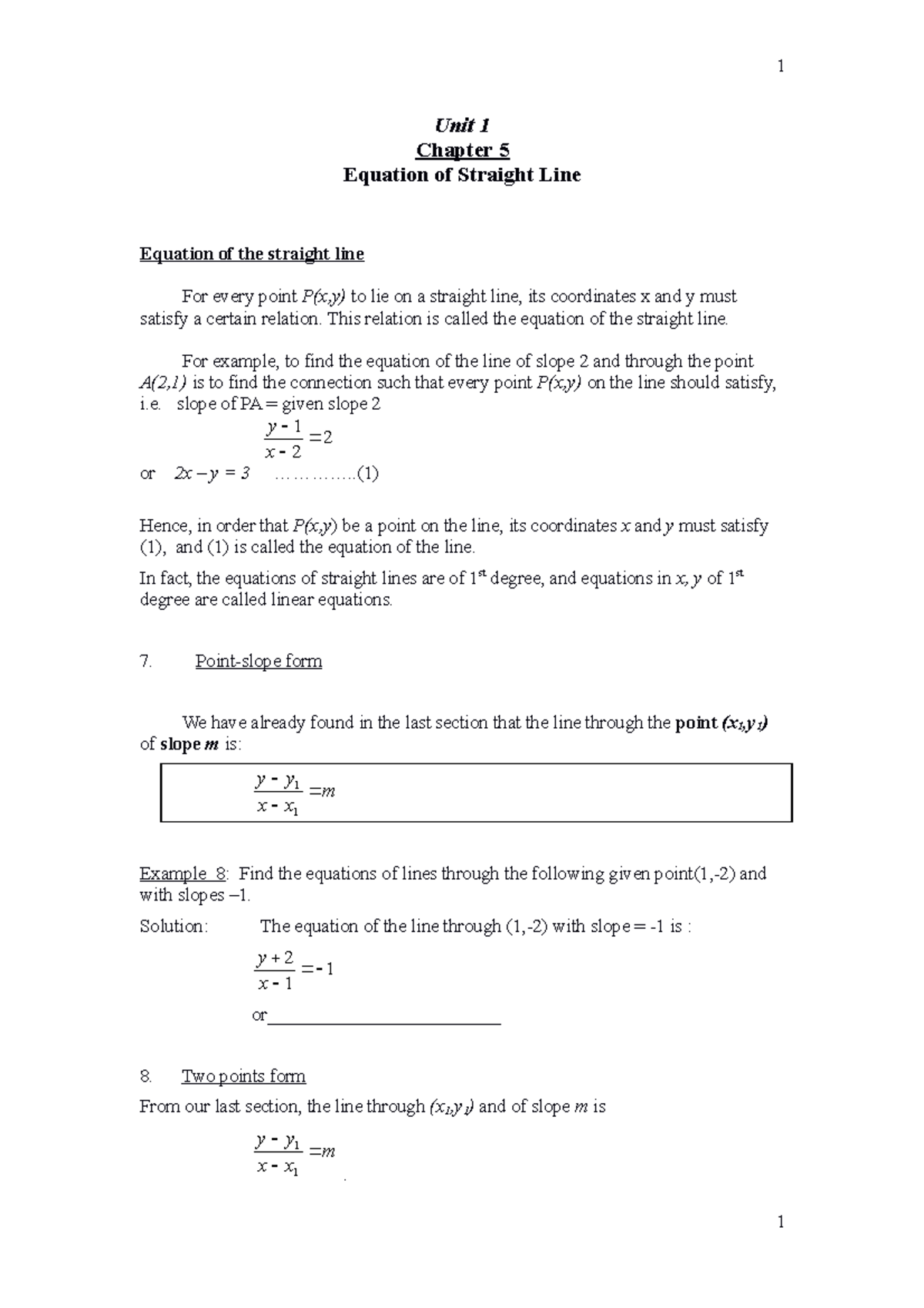 Unit 1 Chapter 5(Equation of a st line) - Unit 1 Chapter 5 Equation of ...