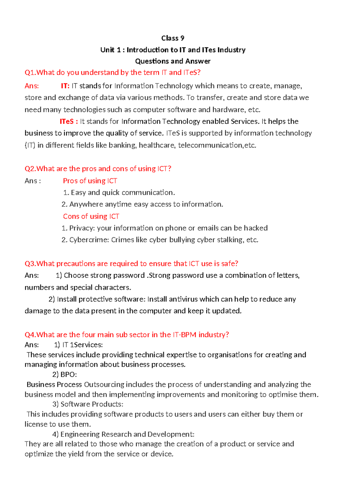 Introduction to IT and ITes Industry Class 9 quest ans ITe S class 9 ...