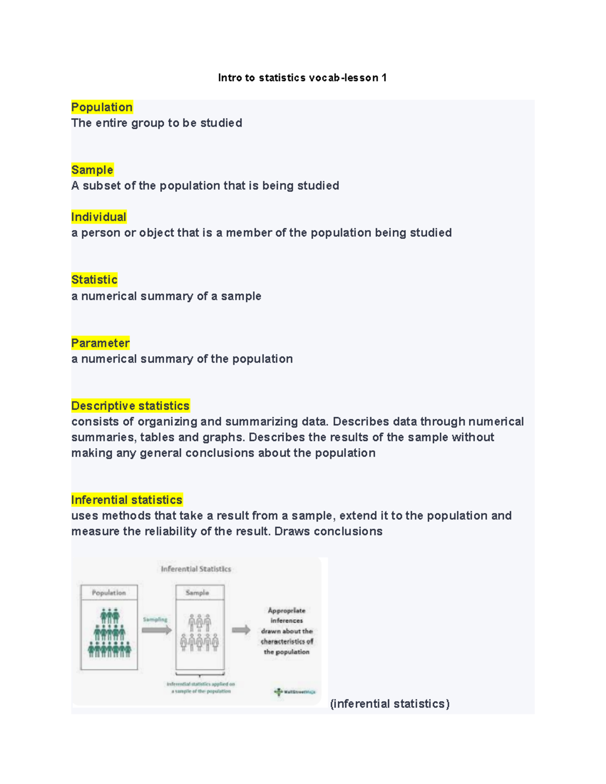 Lesson 1 vocab - Intro to statistics vocab-lesson 1 Population The ...