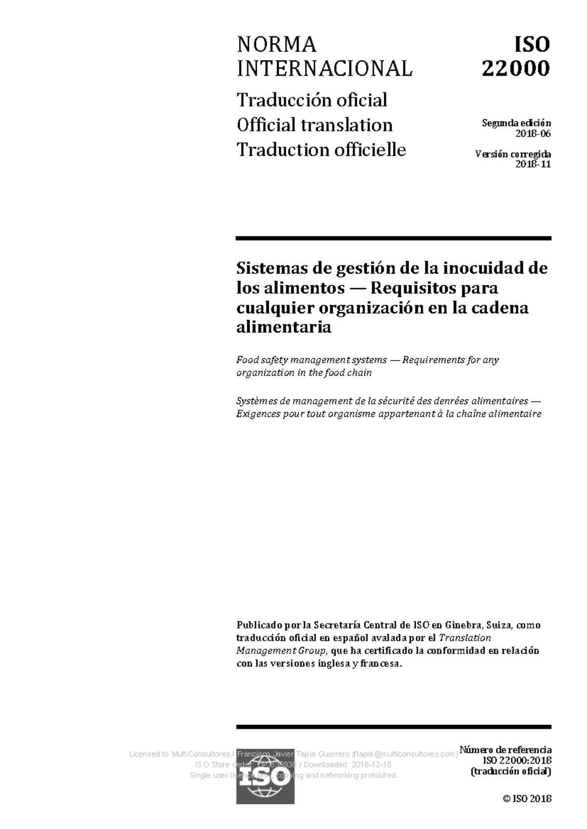 ISO-22000 Sistemas de gestión de la inocuidad de los alimentos - Número de referencia ISO 22000 ...