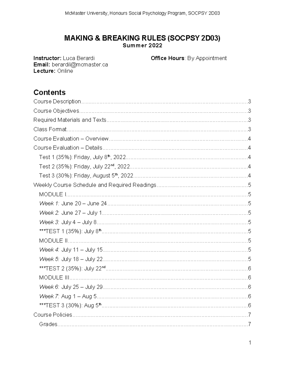 SOC PSY 2D03 Summer 2022 Course Outline - MAKING & BREAKING RULES ...