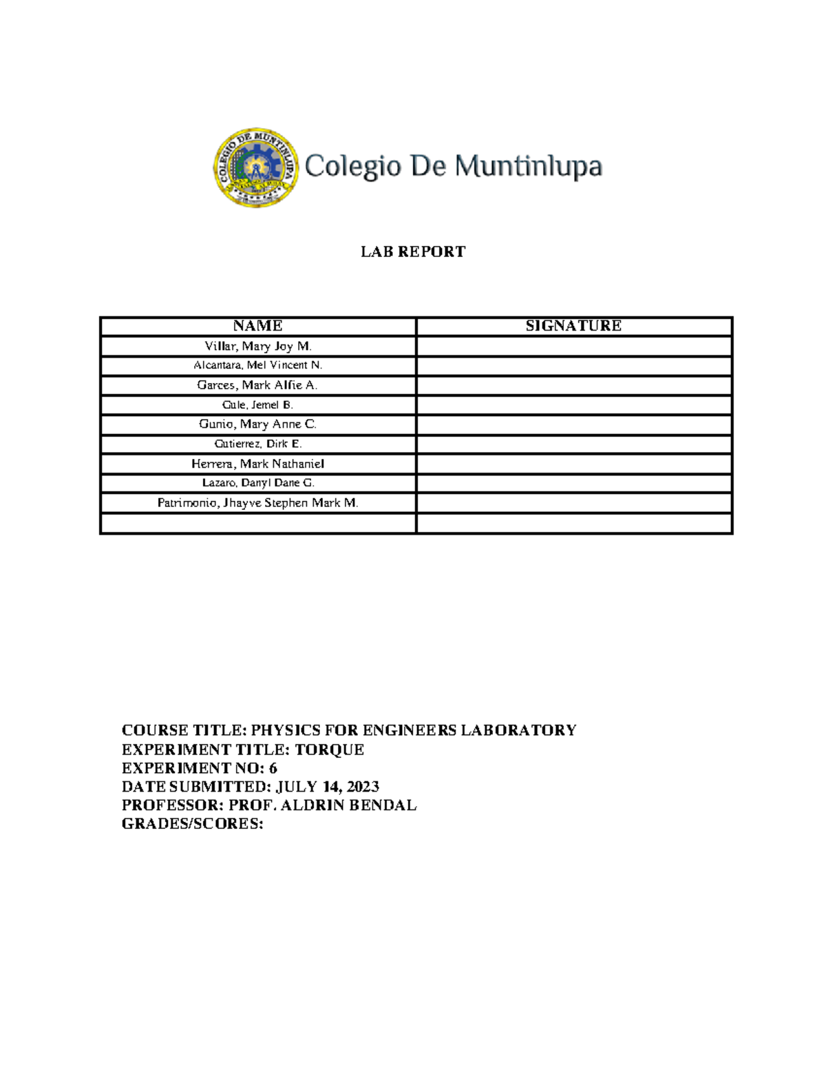 Exp6-Lab-Report - lab report - LAB REPORT NAME SIGNATURE Villar, Mary ...