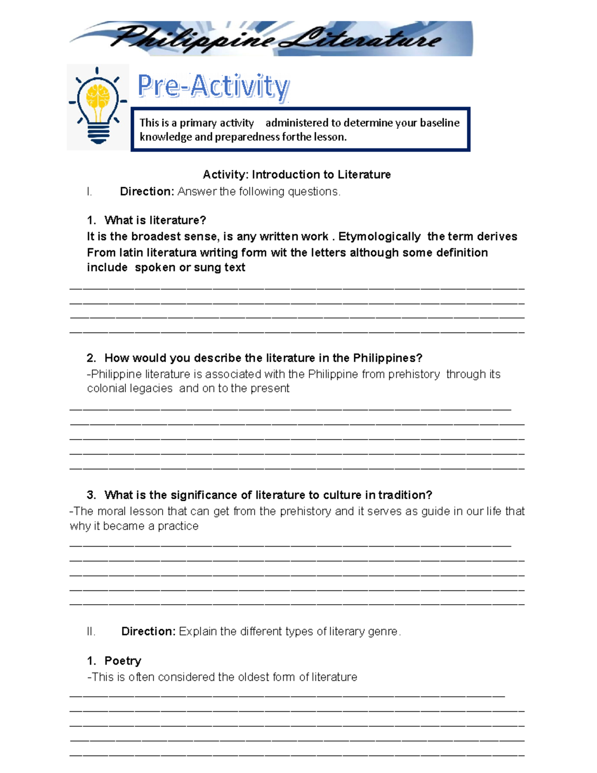 Chapter 1 - Preactivity - Introduction TO Literature Module - Activity ...
