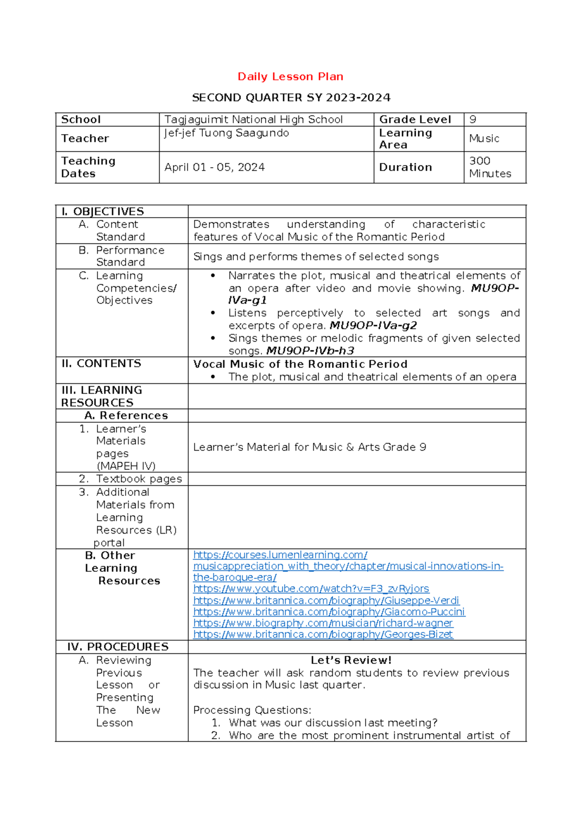 Music IX Lesson 1 Quarter 04 - Daily Lesson Plan SECOND QUARTER SY 2023 ...