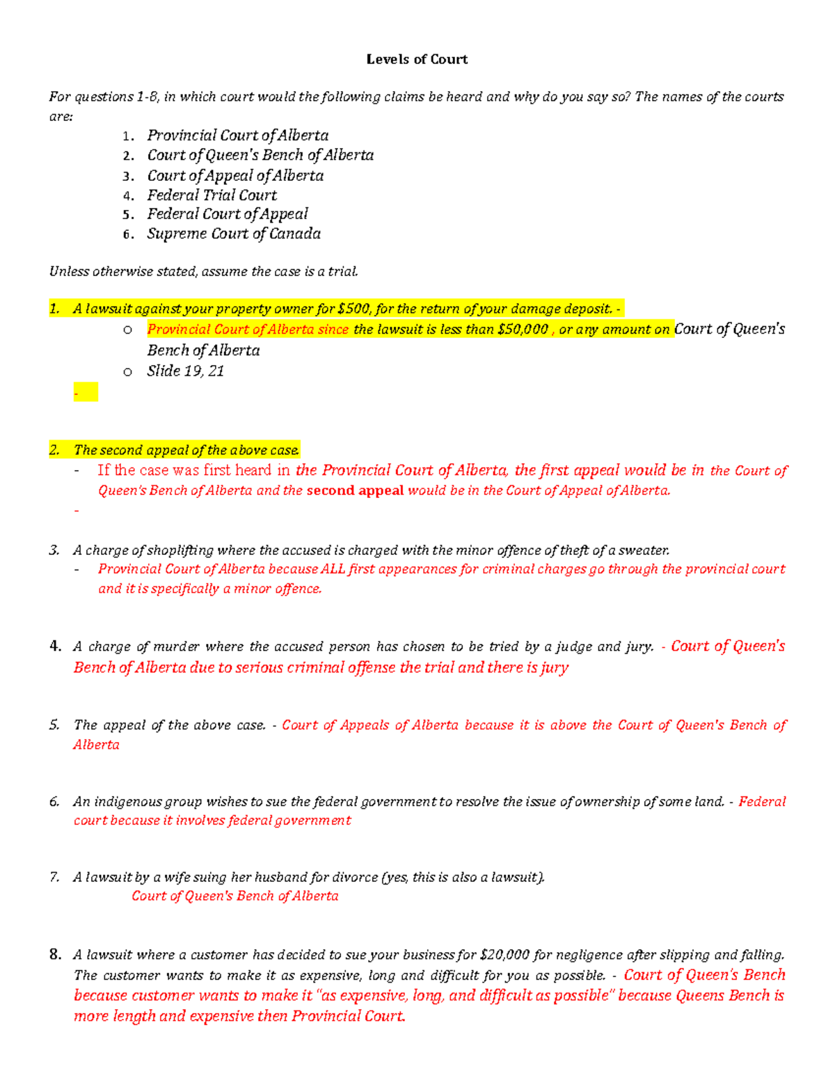 01 - The Courts - Module 1 Questions - Levels of Court For questions 1 ...