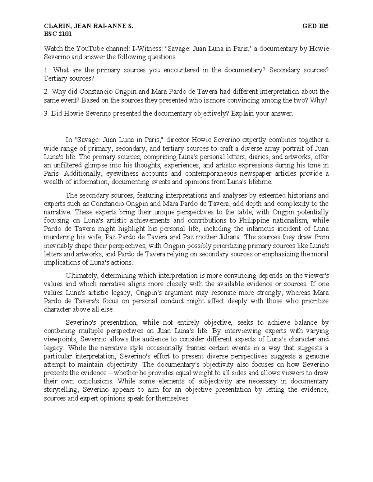 GED 105 - GED 106 - CLARIN, JEAN RAI-ANNE S. GED 105 BSC 2101 Watch the YouTube channel: I ...